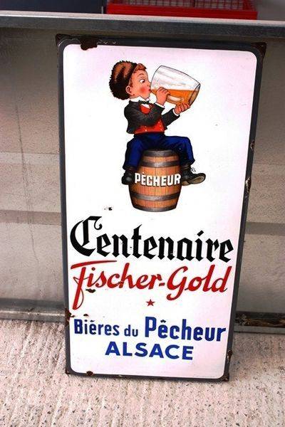 Pecheur Fischer-Gold Beer Pictorial Enamel Sign.# | XXXX Antique Complex