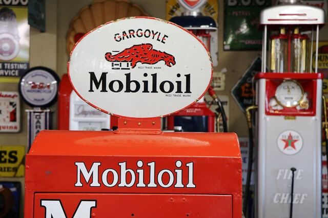 Vintage Mobiloil Single Door Oil Cabinet with Original Enamel Top Sign ...